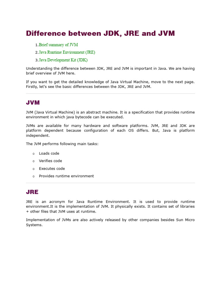 Difference Between JDK, JRE and JVM | PDF Difference Between JDK, JRE and JVM | PDF