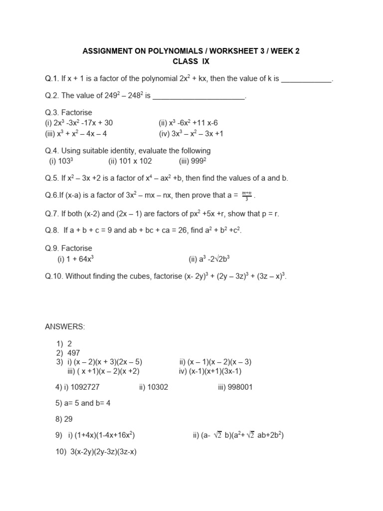 Class IX Polynomial Worksheet | PDF