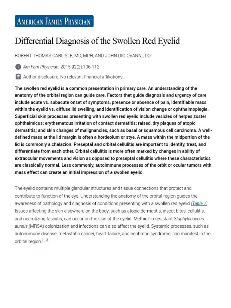 Differential Diagnosis of The Swollen Red Eyelid - AAFP | PDF | Medical ...