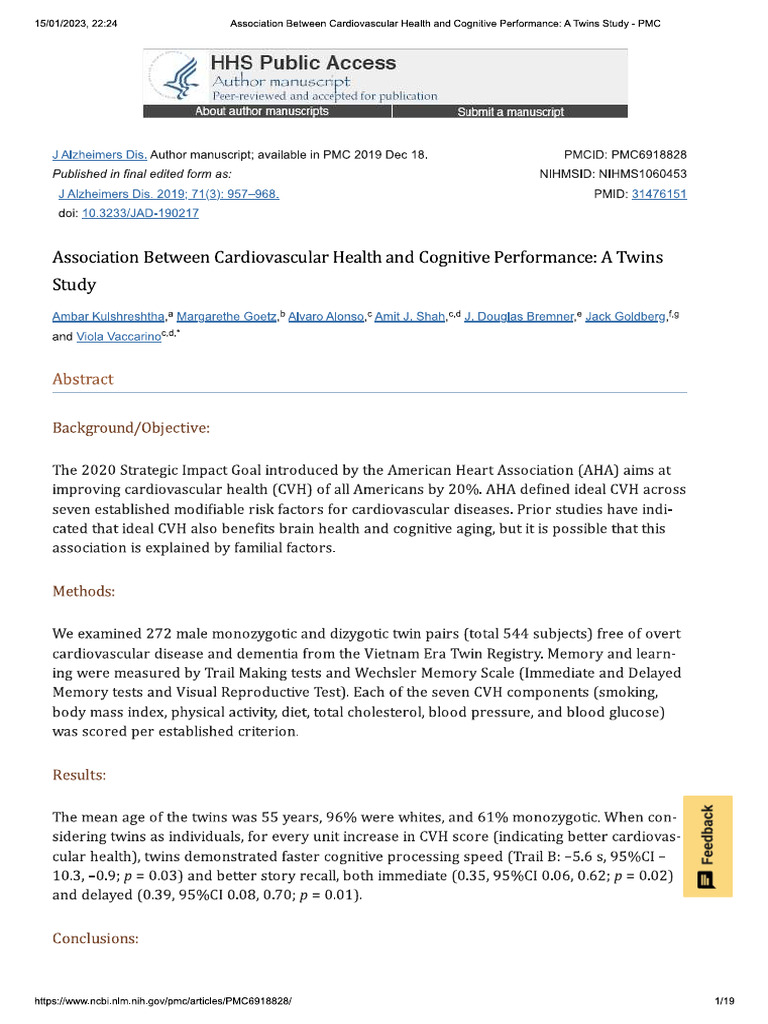 Association Betn CVH and Cognitive Performance | PDF