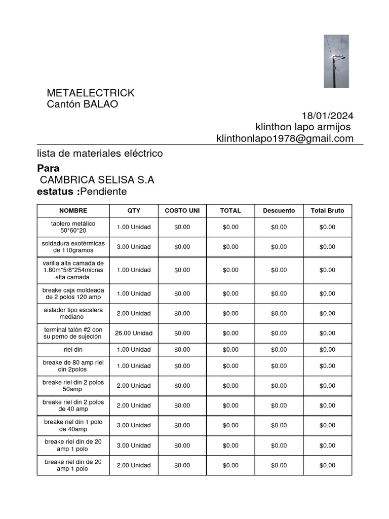Lista de Materiales Eléctrico | PDF | Materiales | Ciencias fisicas