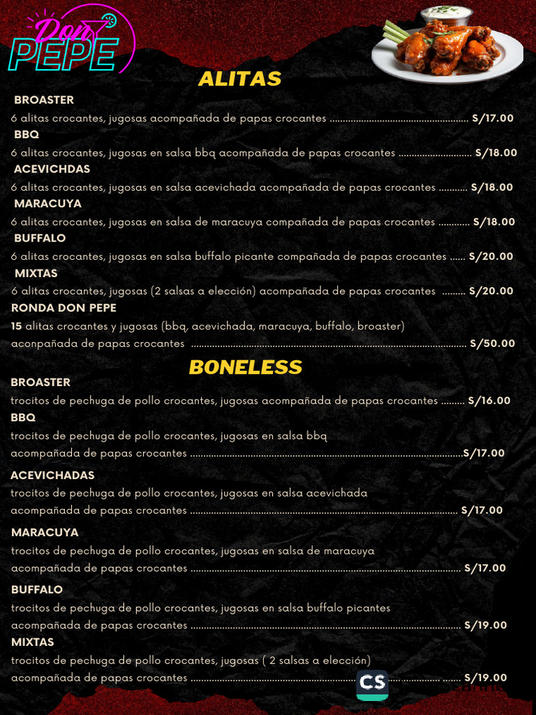 Menú de Alitas y Boneless Crocantes | PDF | Preparación de comida y ...