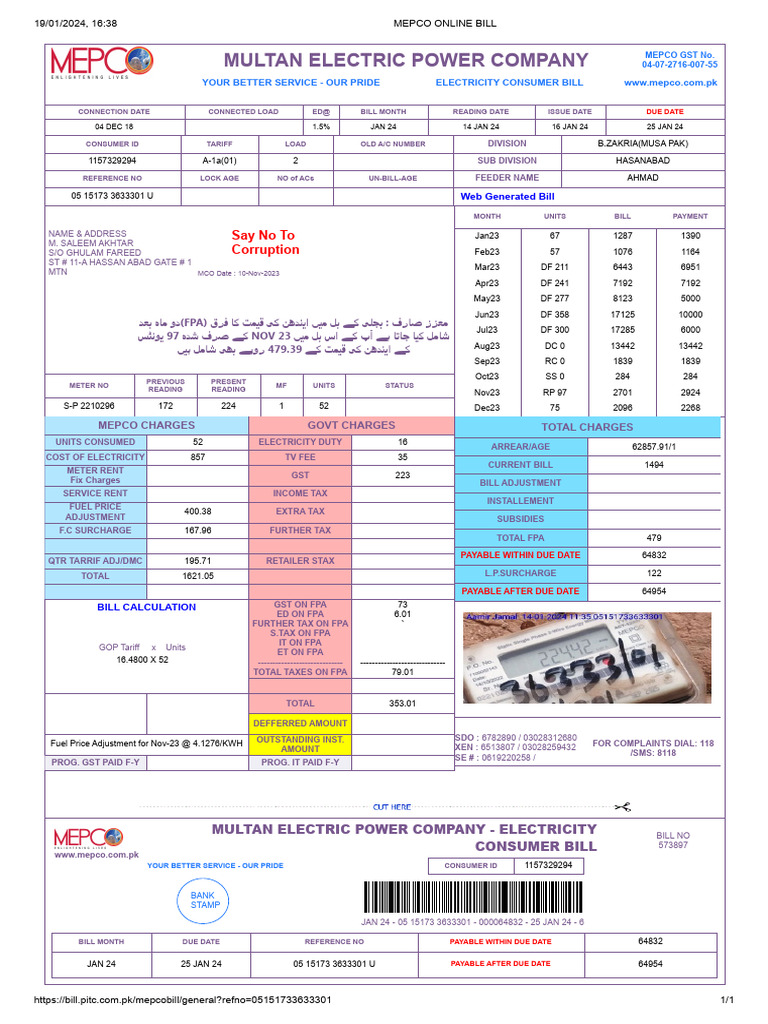 Mepco Online Bill | PDF | Fee | Taxes