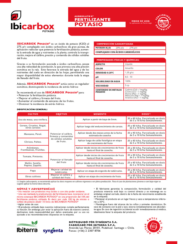 FT - Ibicarbox Potasio - Agroxilato K | PDF | Potasio | Química