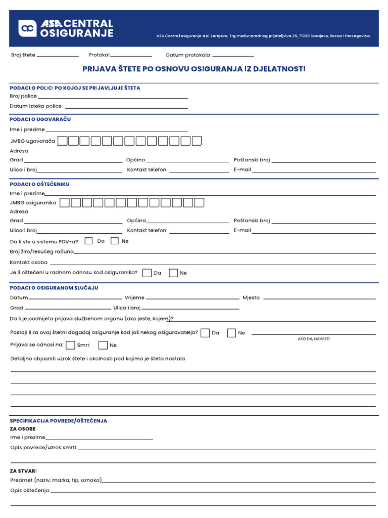 Prijava Stete Po Osnovu Osiguranja Iz Djelatnosti | PDF