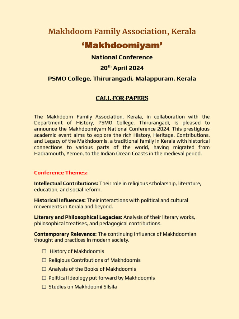 Makhdoomiyam Call For Papers | PDF
