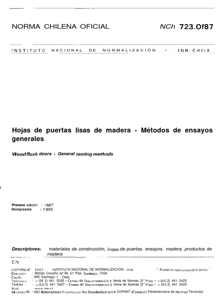 NCH 723 Of87 Hojas de Puertas Lisas de Madera - Métodos de Ensayos Generales | Descargar gratis ...
