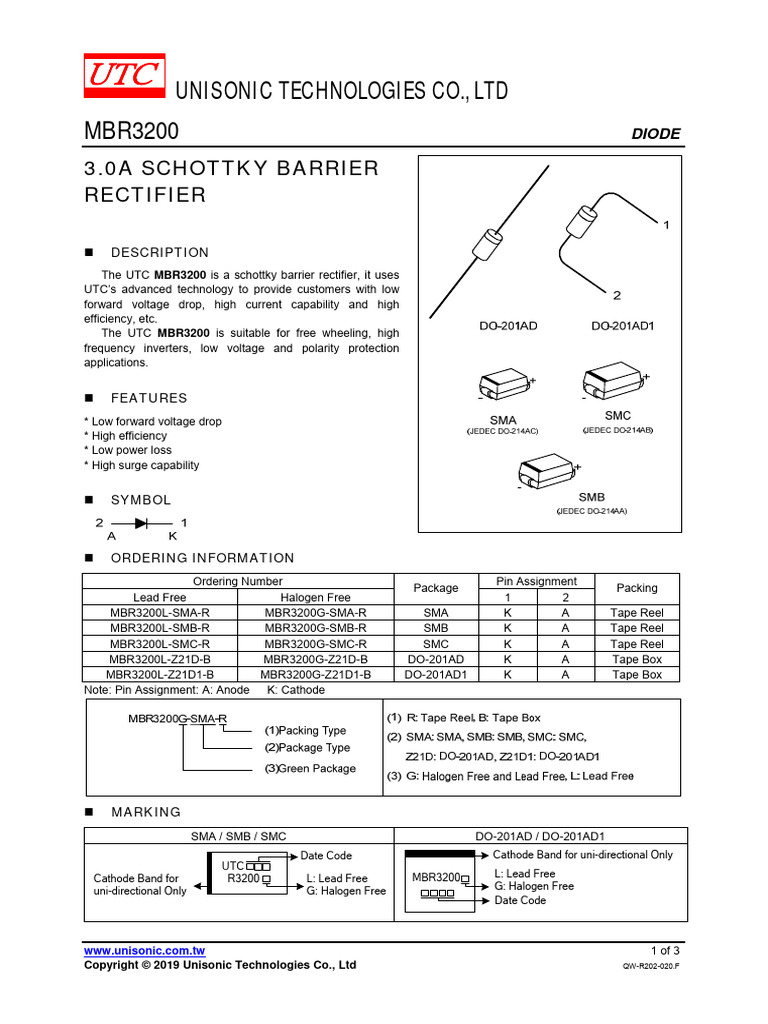 MBR3200 Utc | PDF | Rectifier | Diode