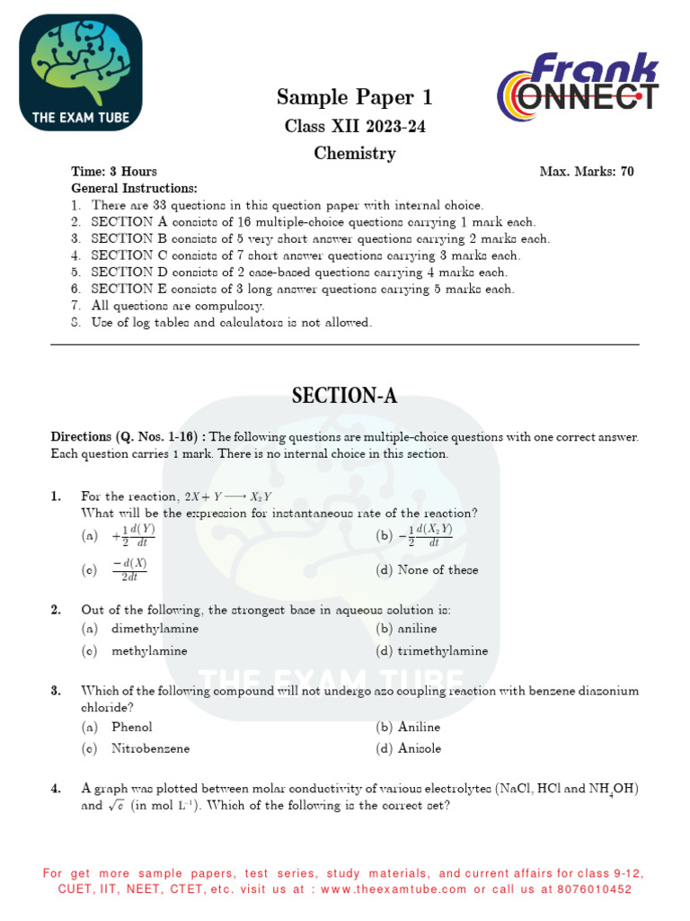 Class 12 - Chemistry Sample Paper 2 | PDF | Physical Chemistry ...