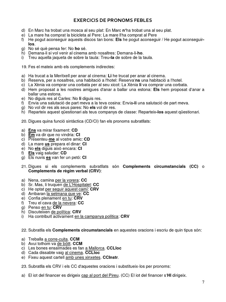 Correcció de Més Exercicis de FUNCIÓ SINTÀCTICA + PRONOM FEBLE | PDF