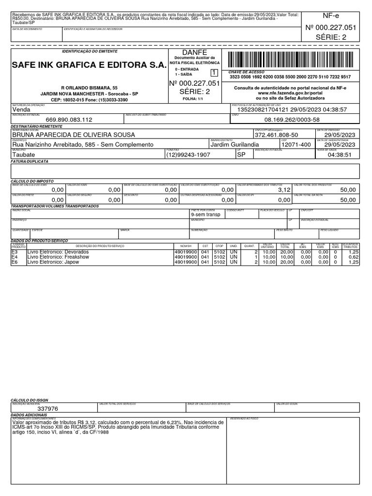 Nota Fiscal | Download grátis PDF | Recibo | Produção e fabricação
