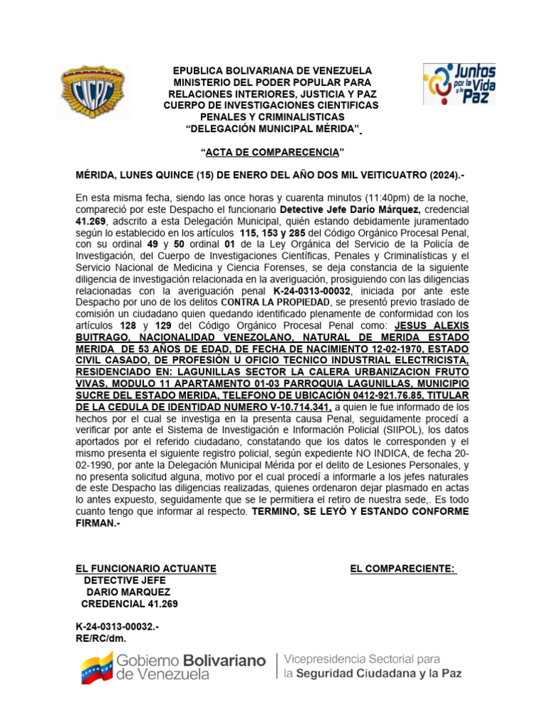 Acta de Comparecencia | PDF | Justicia | Crimen y violencia