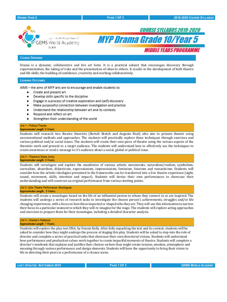 MYP Course Syllabus Drama Gr10 | PDF | Educational Assessment | Learning