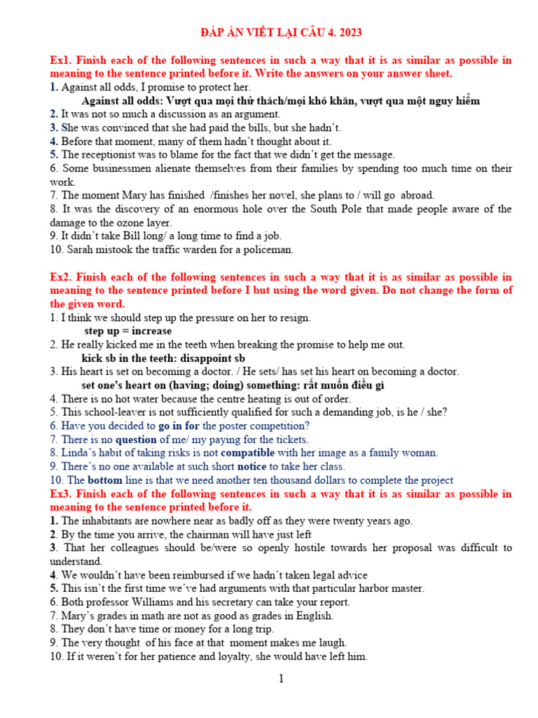 Rewrite Sentences Exercise 2023 | PDF
