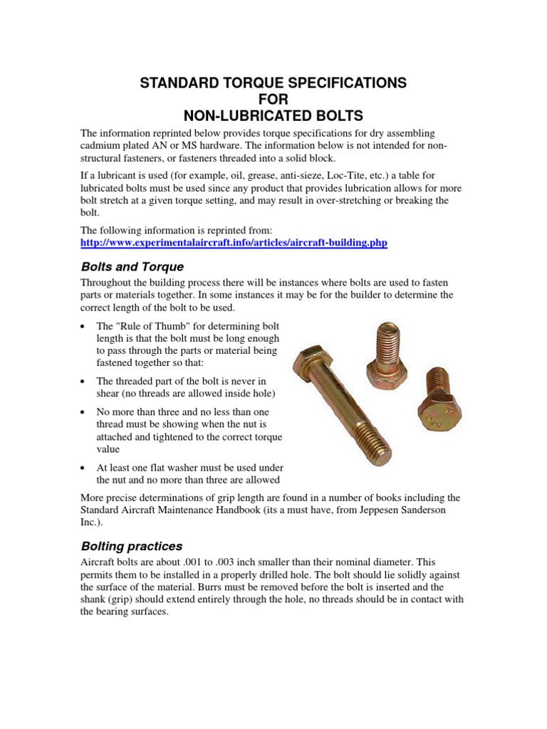 Torque Specs | Nut (Hardware) | Screw