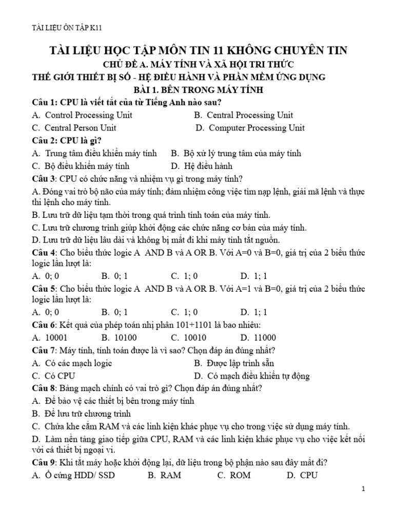 TL On Tap Khoi 11 KC Hk1 | PDF