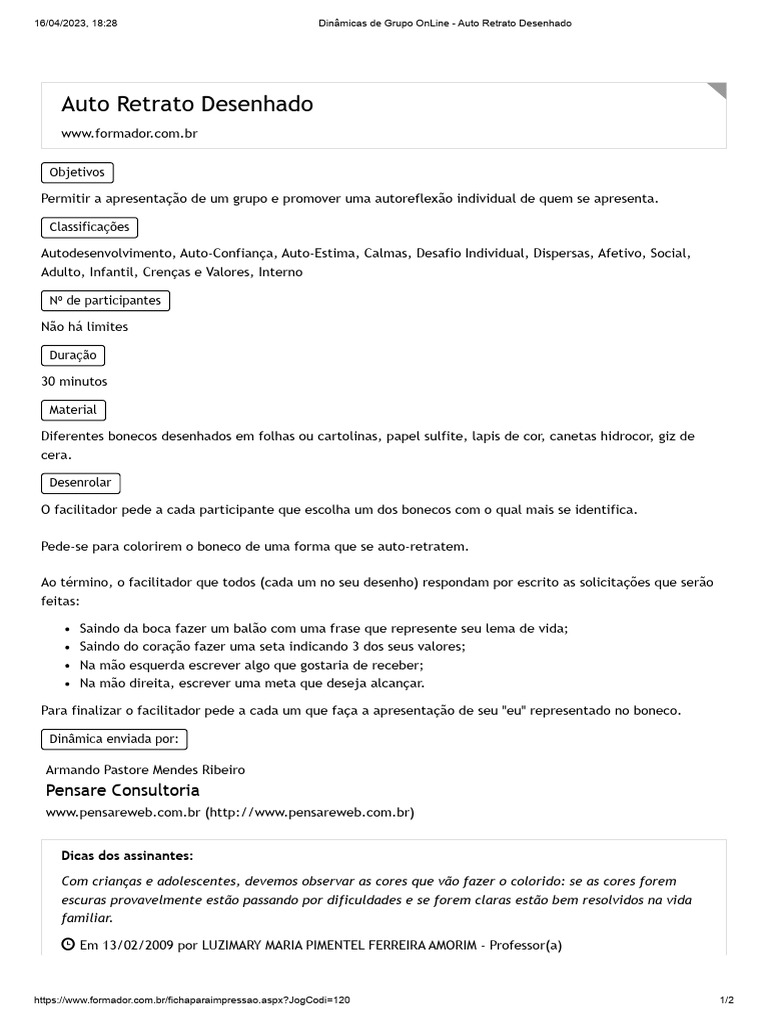 Dinâmica de Auto Retrato Desenhado | PDF