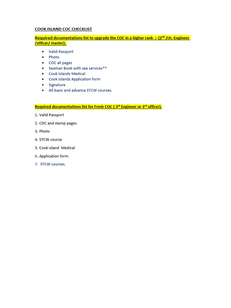 Cook Islands COC Application Checklist | PDF