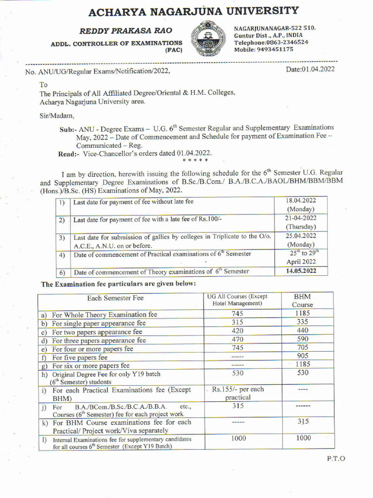 6th Semester UG Courses Regular and Supplementary Examination Fee Schedule | PDF