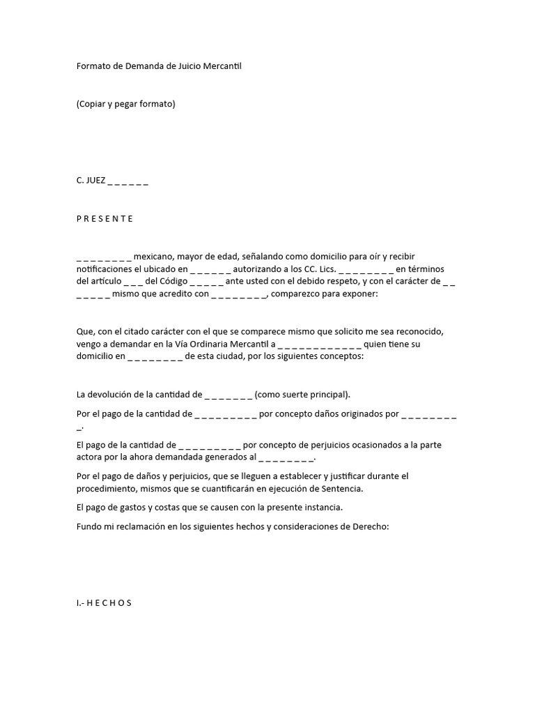 Formato de Demanda de Juicio Mercantil | PDF | Demanda judicial | Daños ...