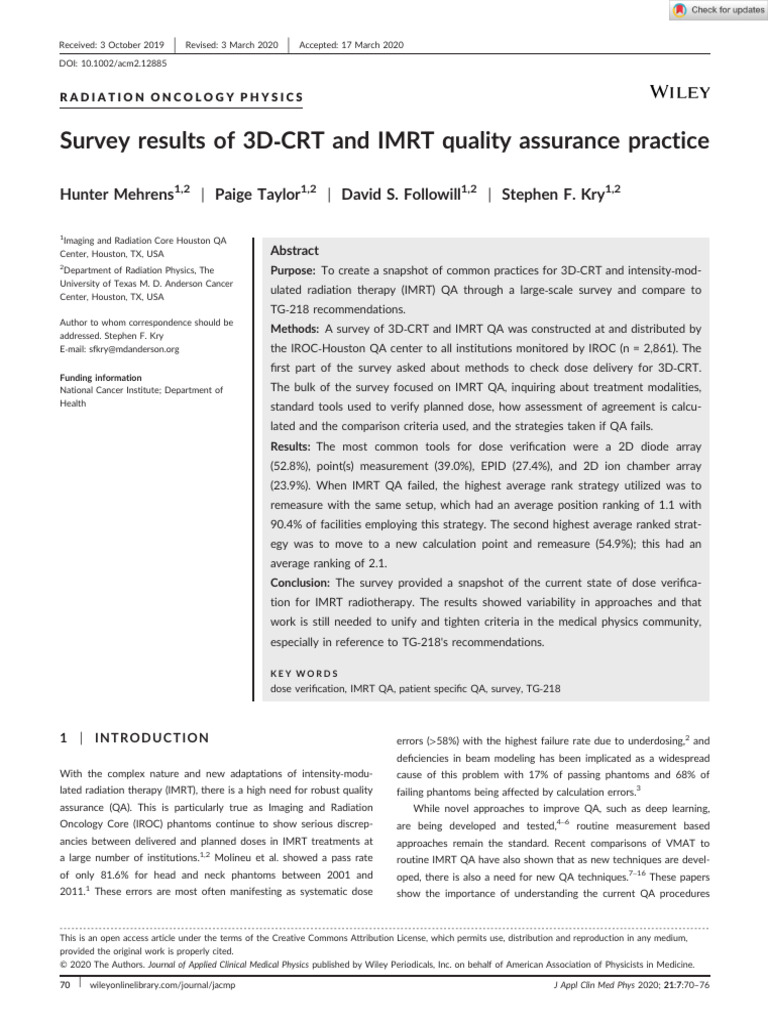 J Applied Clin Med Phys - 2020 - Mehrens - Survey Results of 3D CRT and ...