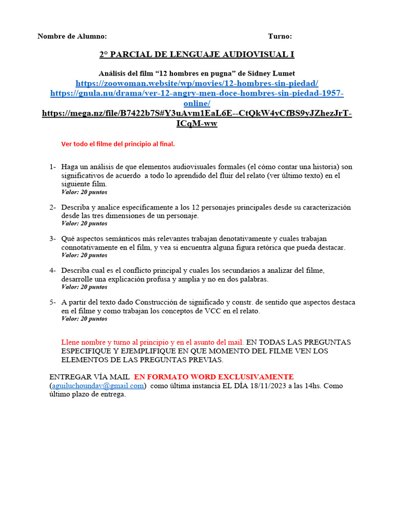 2° PARCIAL DE LENGUAJE AUDIOVISUAL I-Domiciliario-2º Cuatr. 2023 2 | PDF