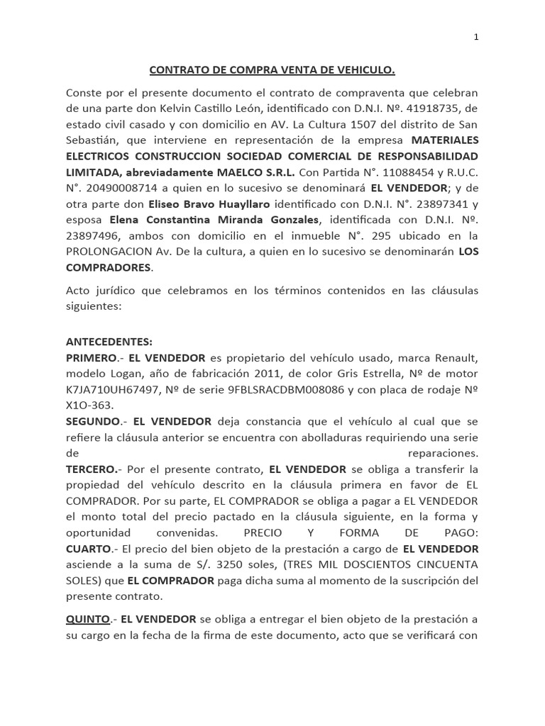 Contrato Miguel Compra-Venta Definitivo | Descargar gratis PDF | Ley común | Derecho civil ...