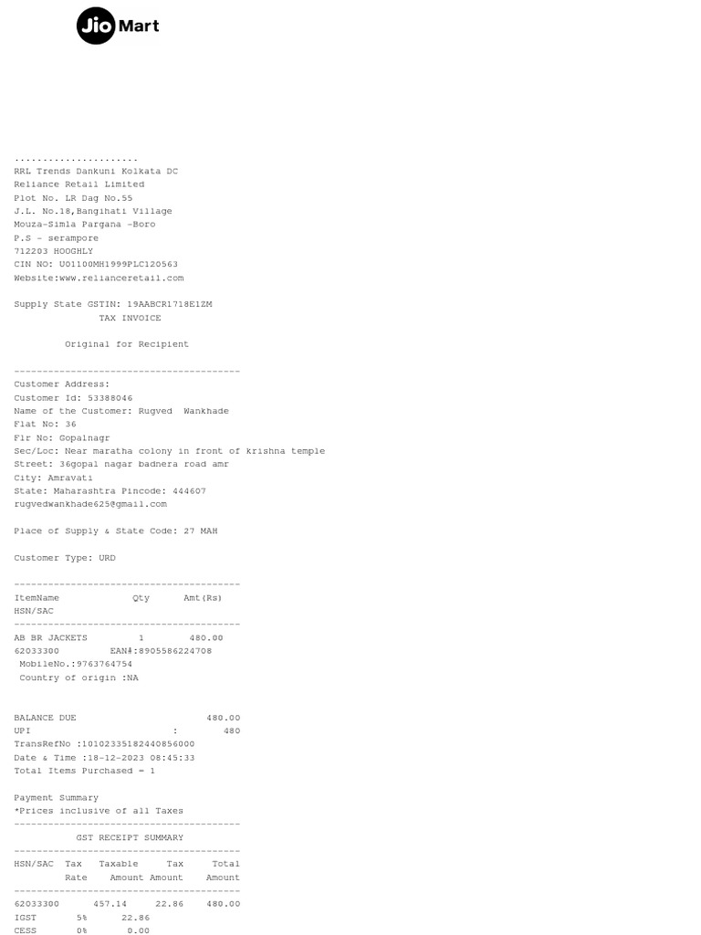 Reliance Retail Tax Invoice Details | PDF | Receipt | Money