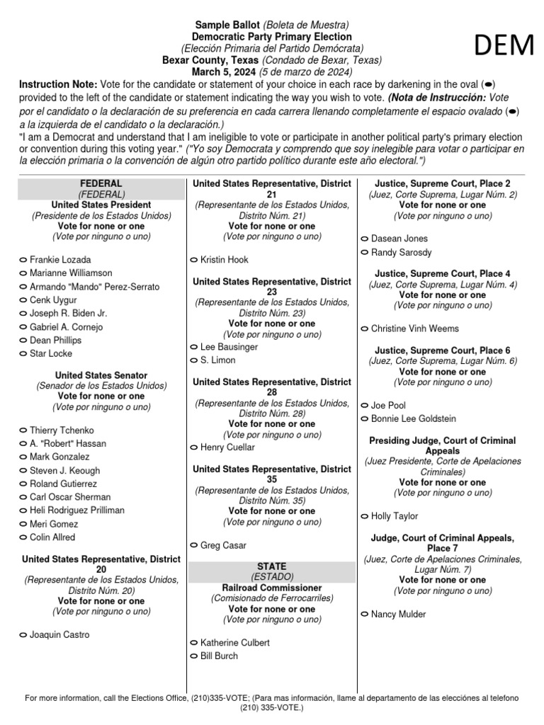 Democratic Party Primary Sample Ballot For Bexar County | PDF ...