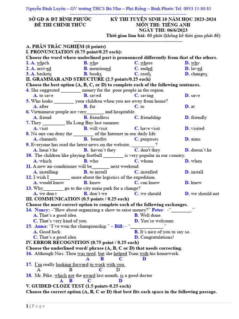 De Thi Vào 10 Binh Phư C 2023 2024 | PDF | Educational Technology | Learning