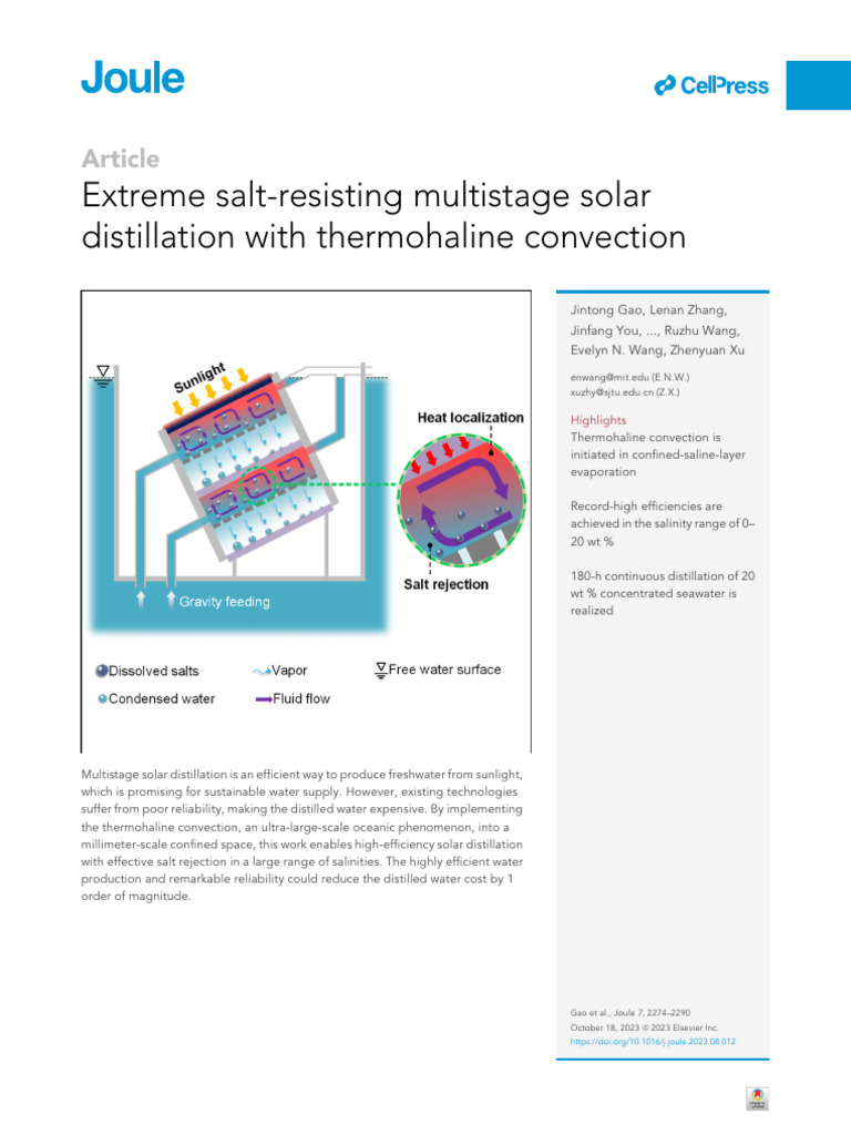 Extreme Salt-Resisting Multistage Solar Distillation With Thermohaline ...