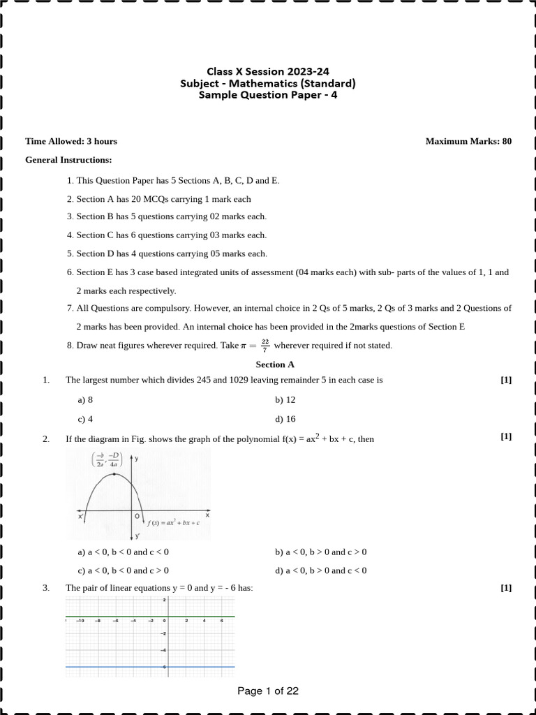 CBSE Sample Paper Class 10 Maths (Standard) 2024 Set 4 PDF Download ...