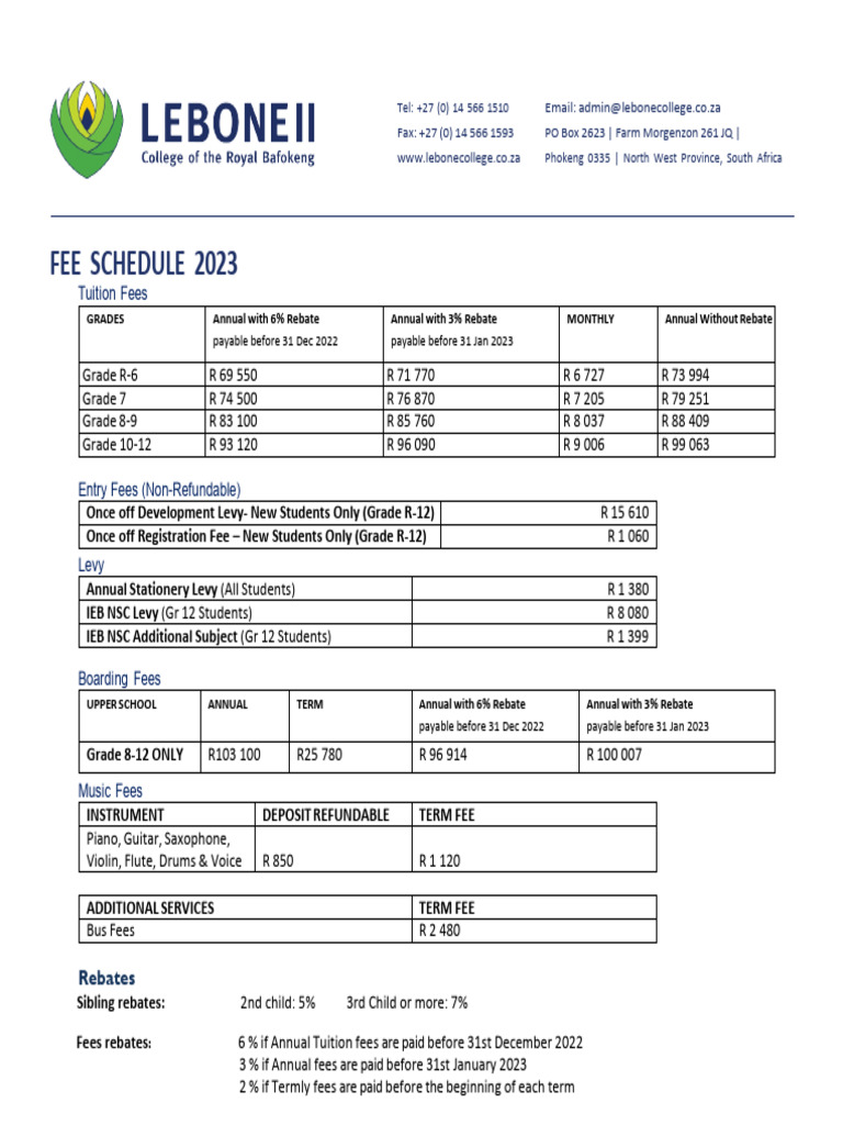 Lebone College 2023 Fee Guide | PDF | Payments | Services (Economics)