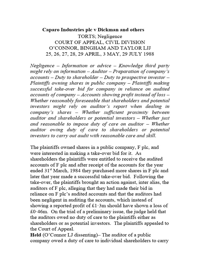 Caparo V Dickman | PDF | Common Law | Private Law