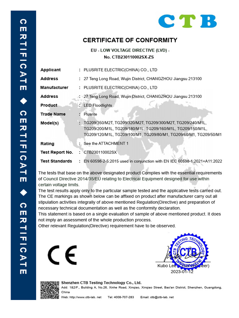 CTB230110002SX - 泛光灯 - EN 60598-2-5 - CE-LVD - 证书 | PDF ...