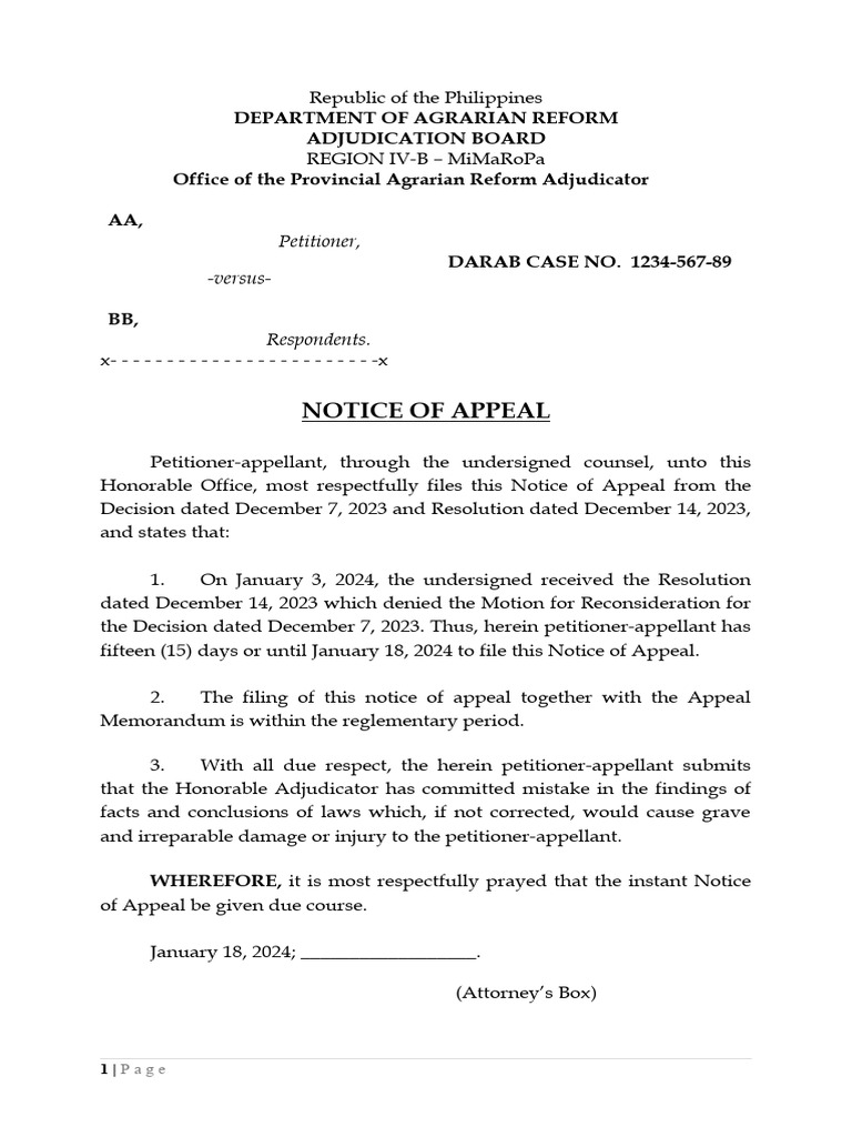 DARAB - Notice of Appeal | PDF