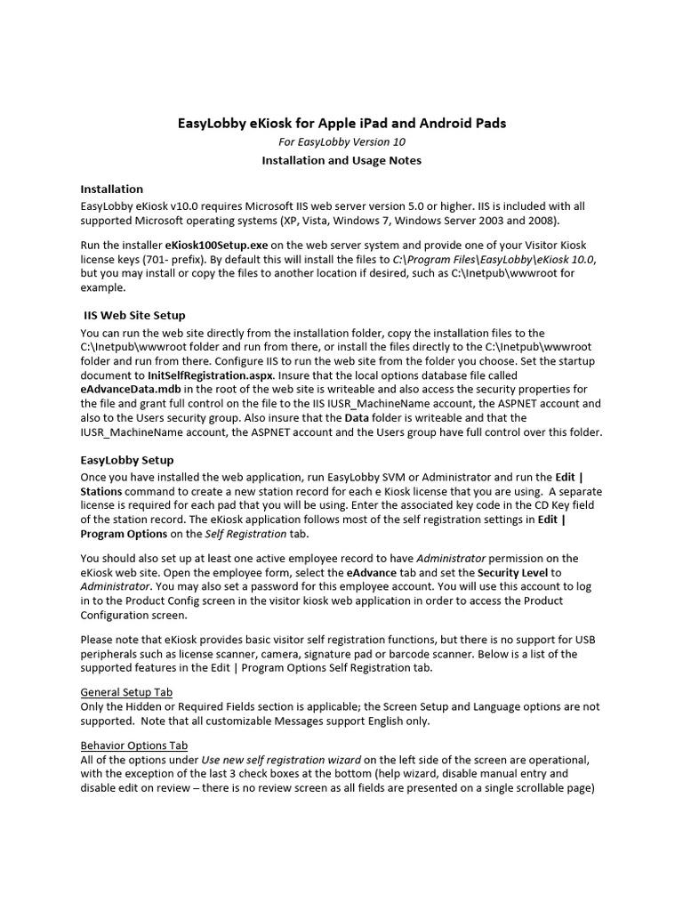 EasyLobby eKiosk Setup Guide | PDF | Windows Registry | Internet ...
