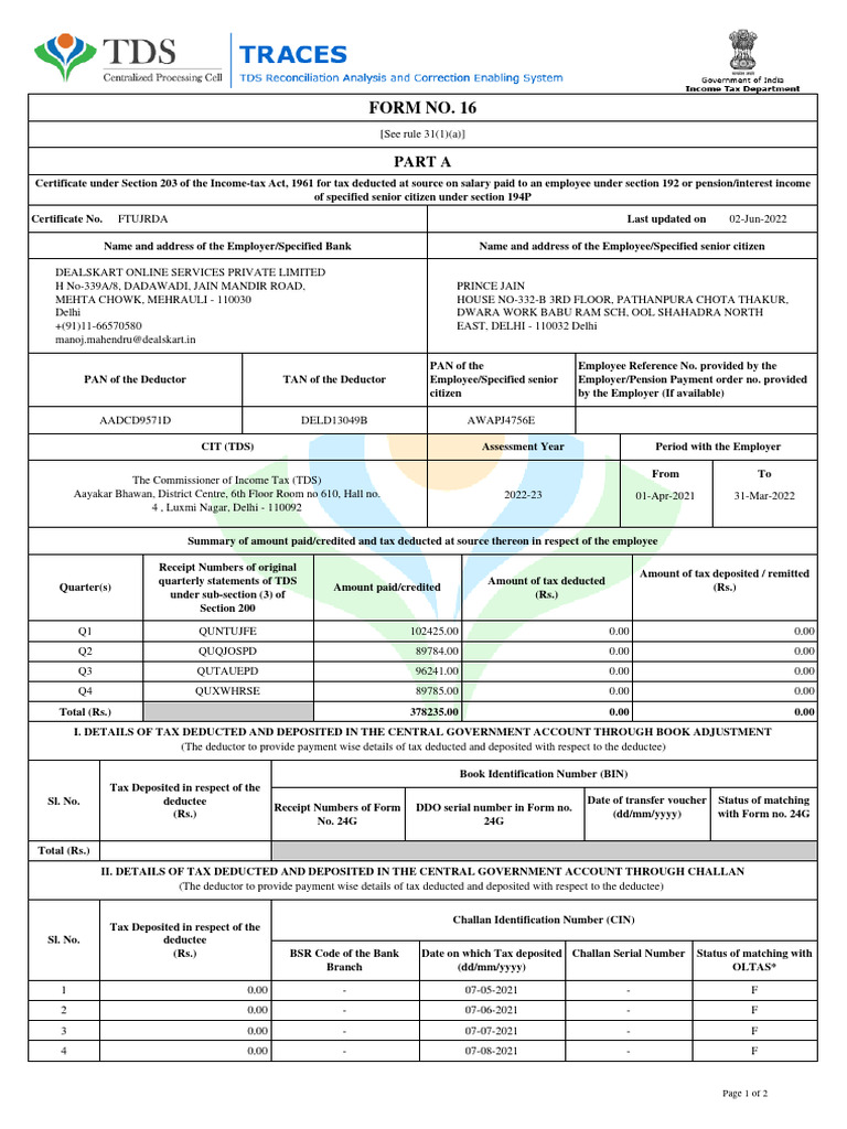 Form 16 Lenskart - Aspx | PDF | Employee Benefits | Tax Deduction
