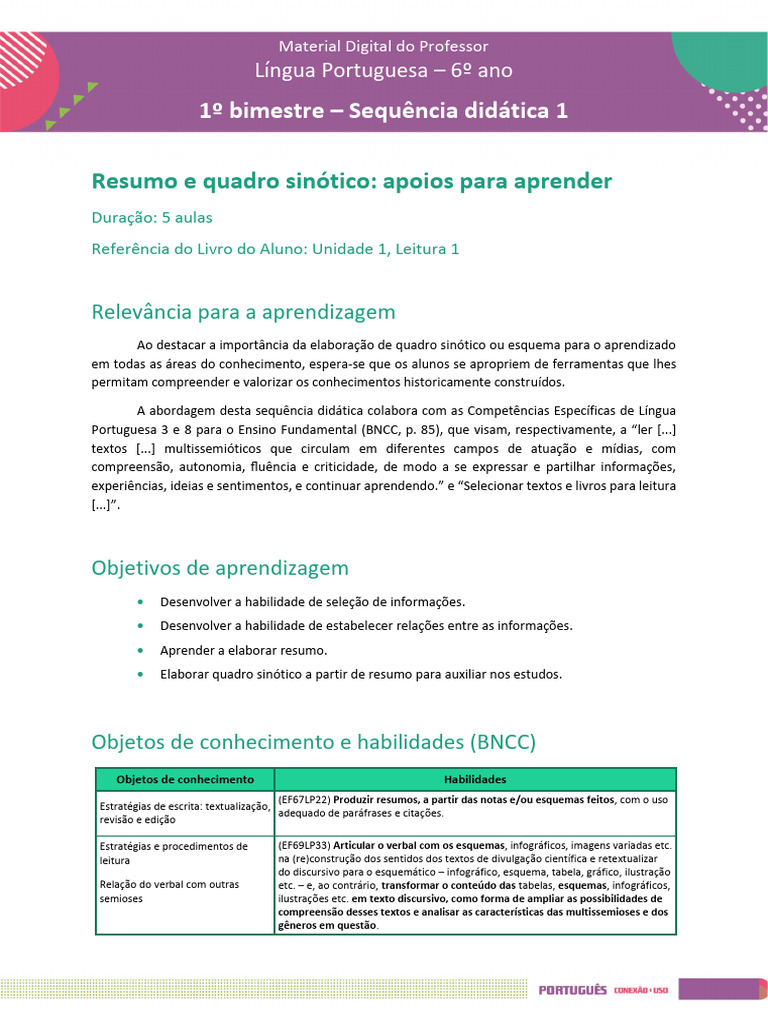 Ensino de Resumo e Quadro Sinótico 6º Ano | PDF | Aprendizado | Informação