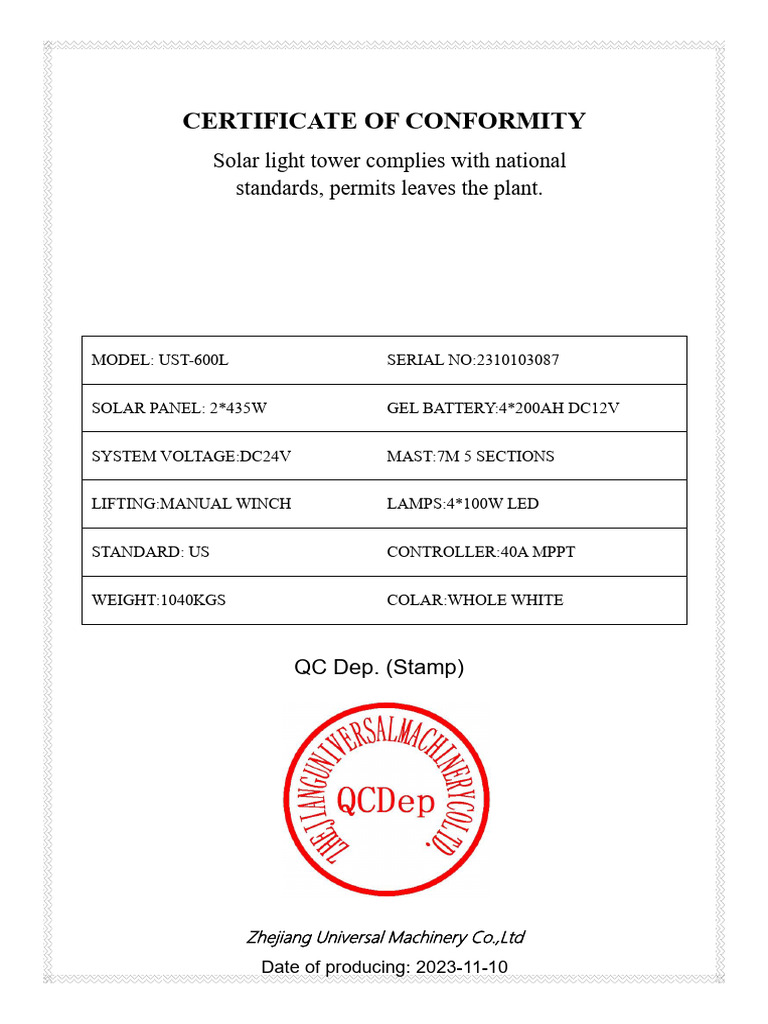 Solar Light Tower Conformity Certificate | PDF