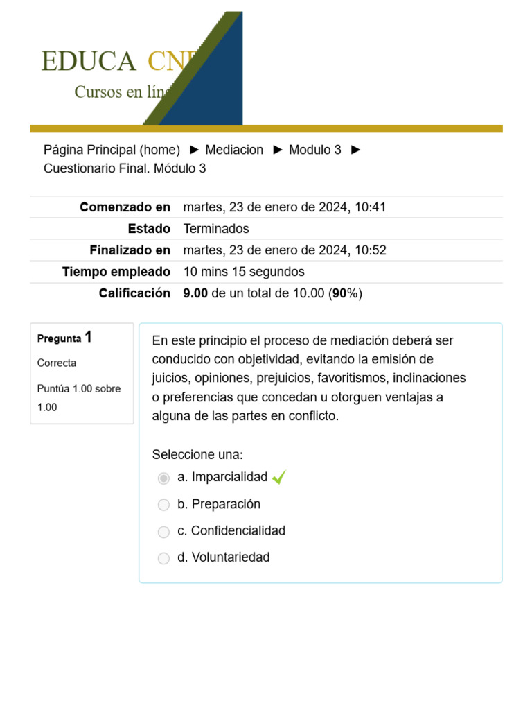 Cuestionario Final. Módulo 3 | PDF | Mediación