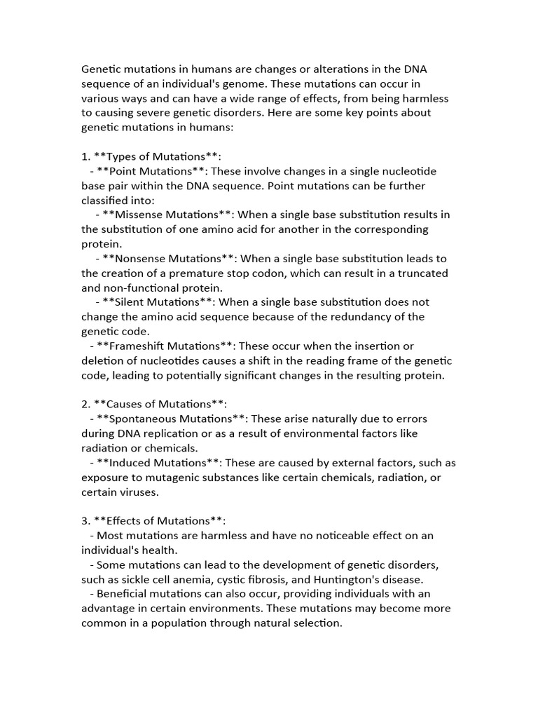 Genetic Mutations in Humans Are Changes or Alterat | PDF | Mutation | Point Mutation
