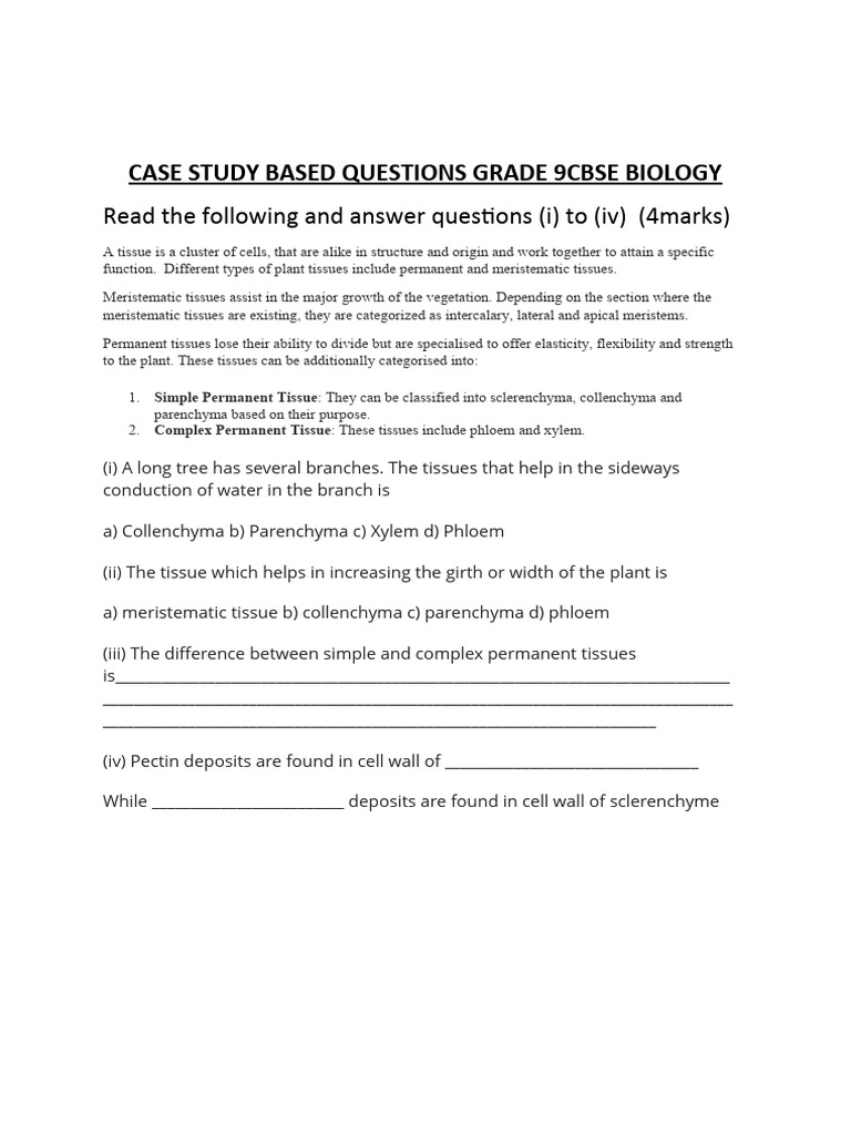 Case Study Based Questions Grade 9cbse Biology | PDF