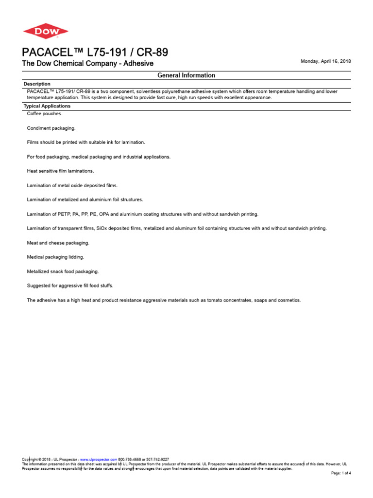 TDS PACACEL L75-191 CR-89 April 2018 | PDF | Adhesive | Lamination