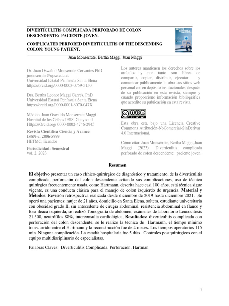 Divertículitis Complicada Perforado de Colon Descendente: Paciente ...