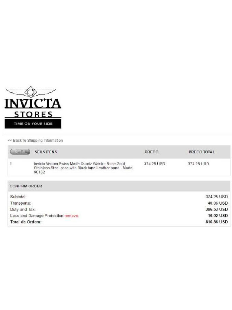 Nota Fiscal Relógio Invicta Bolt Zeus MERCADO LIVRE 89986550001 | PDF