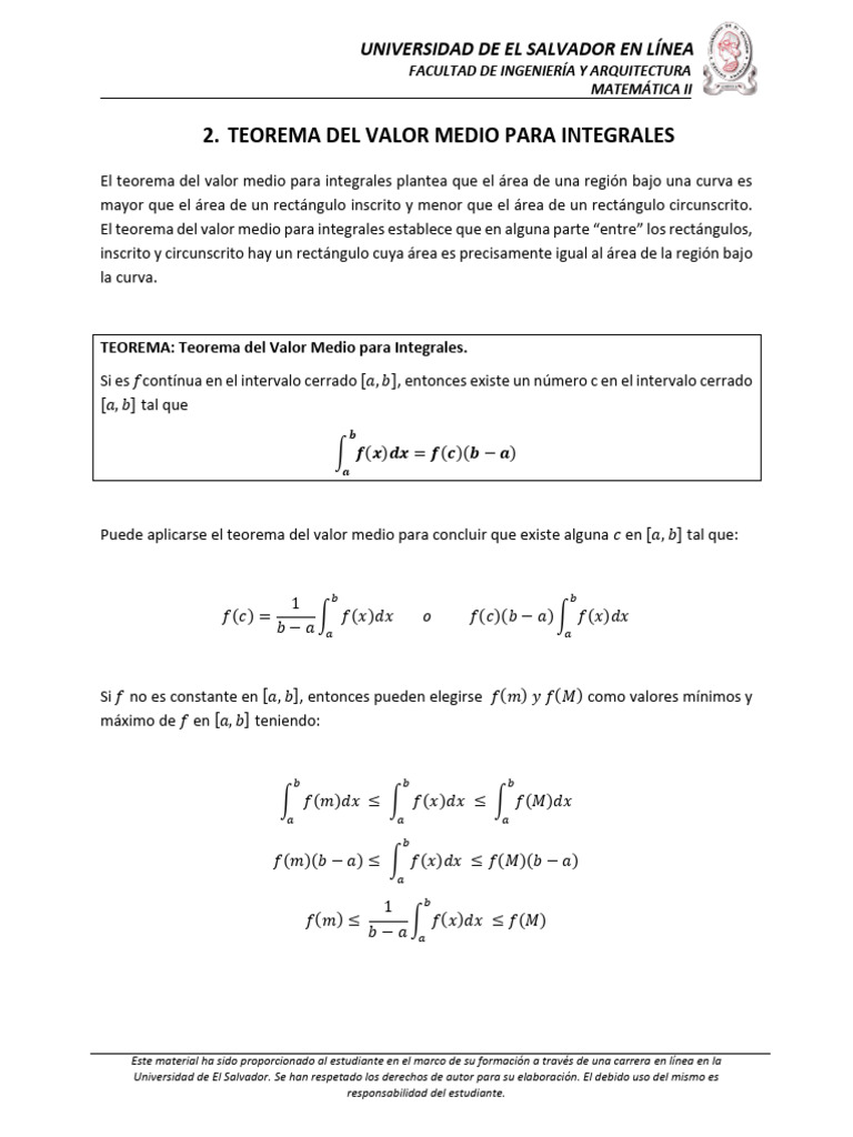 Teorema Del Valor Medio para Integrales: Universidad de El Salvador en Línea | PDF | Integral ...
