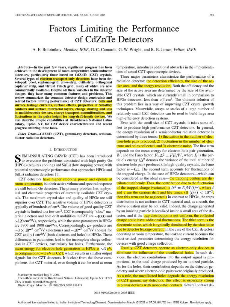 Performance Limitations of CdZnTe Detectors | PDF | P–N Junction ...