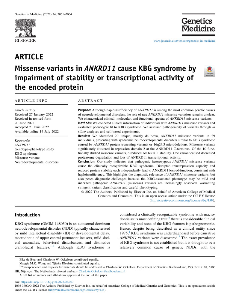 ANKRD11 Missense Variants in KBG Syndrome | PDF | Regulation Of Gene ...