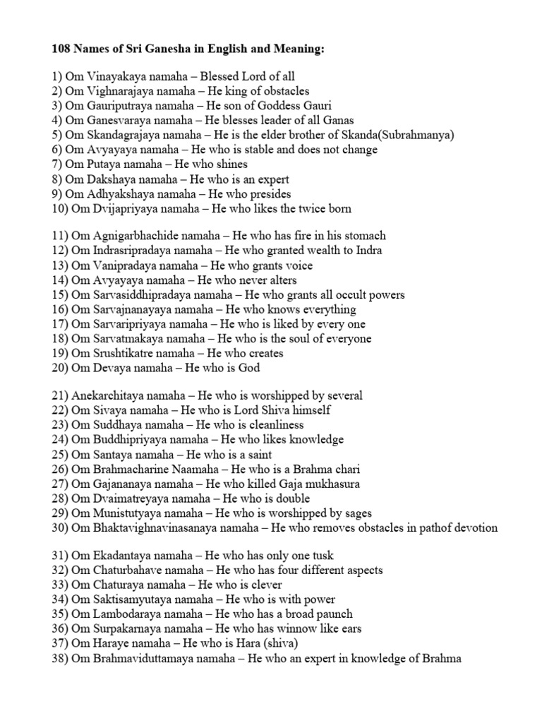 108 Names of Sri Ganesha in English and Meaning | Download Free PDF ...